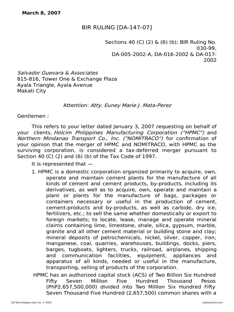 2007 BIR - Ruling - DA 147 07 - 20210505 13 Dtwzzi | PDF | Business ...