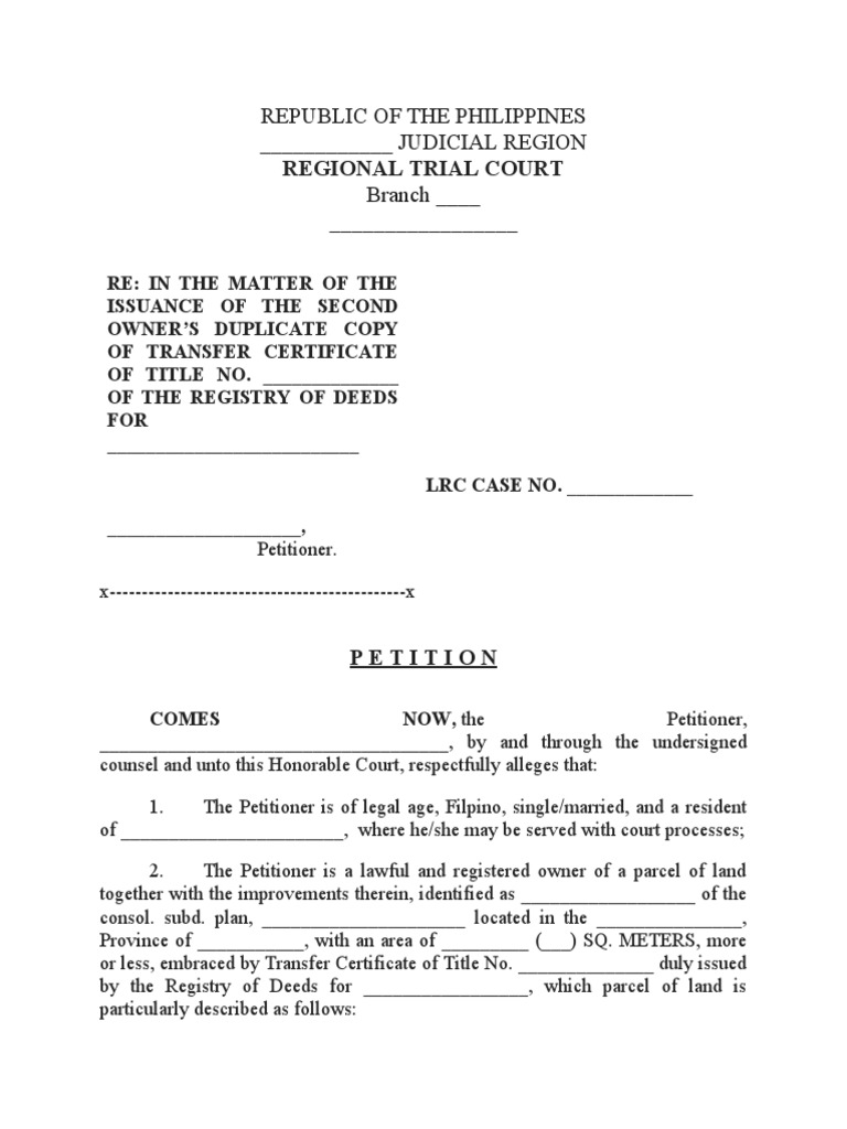 Petition For Issuance of New Owner's Duplicate Copy of Title - Sample ...