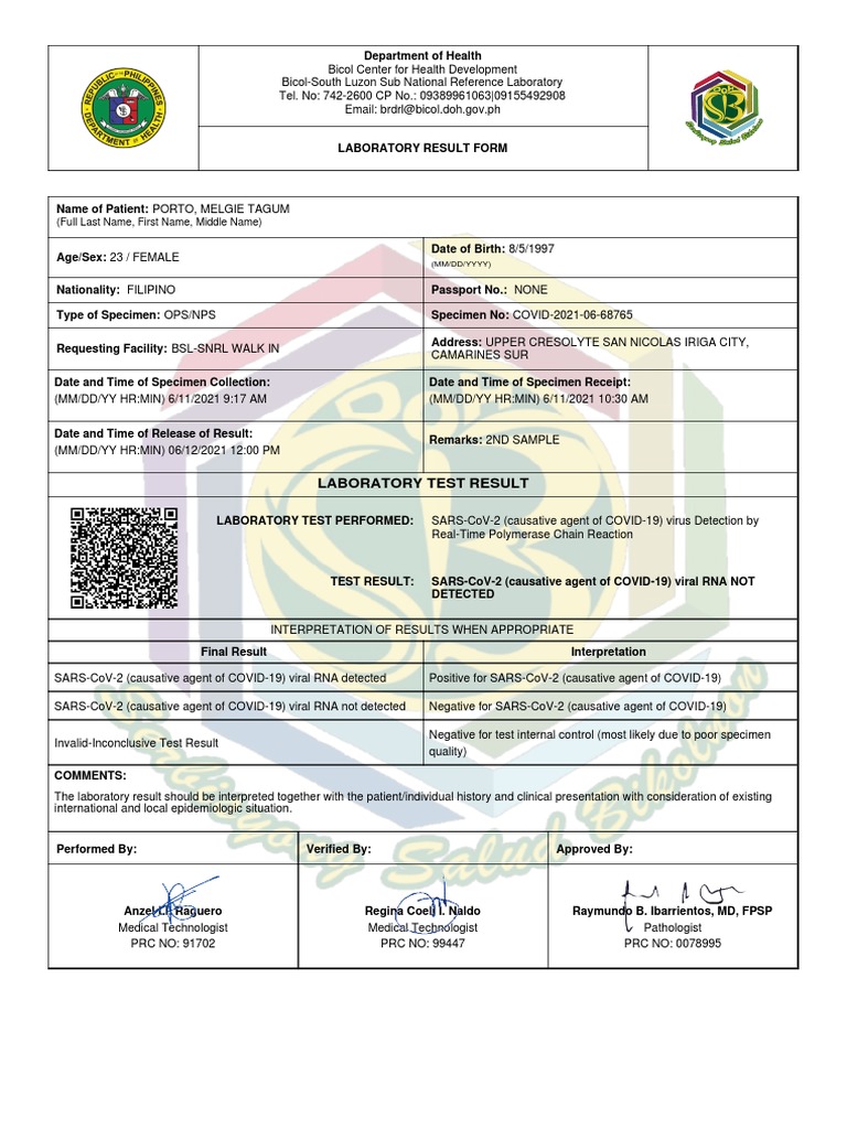 Laboratory Test Result: (Full Last Name, First Name, Middle Name) | PDF ...