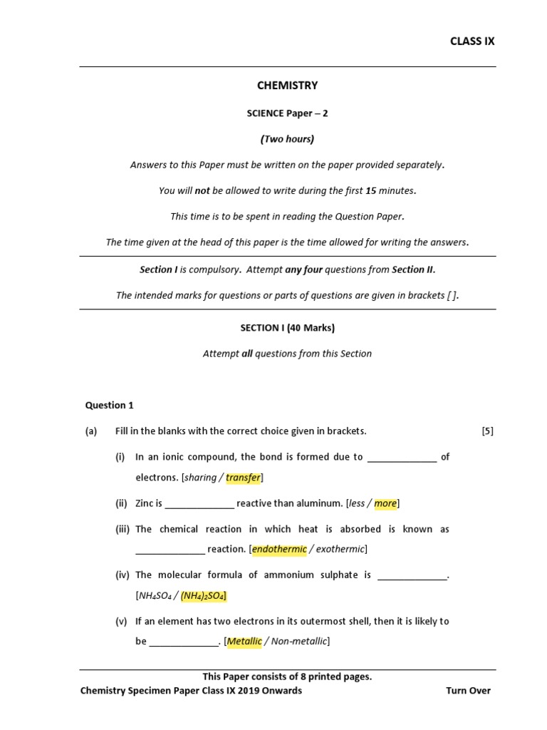 Class IX Chemistry Specimen Paper | PDF | Chlorine | Ammonium