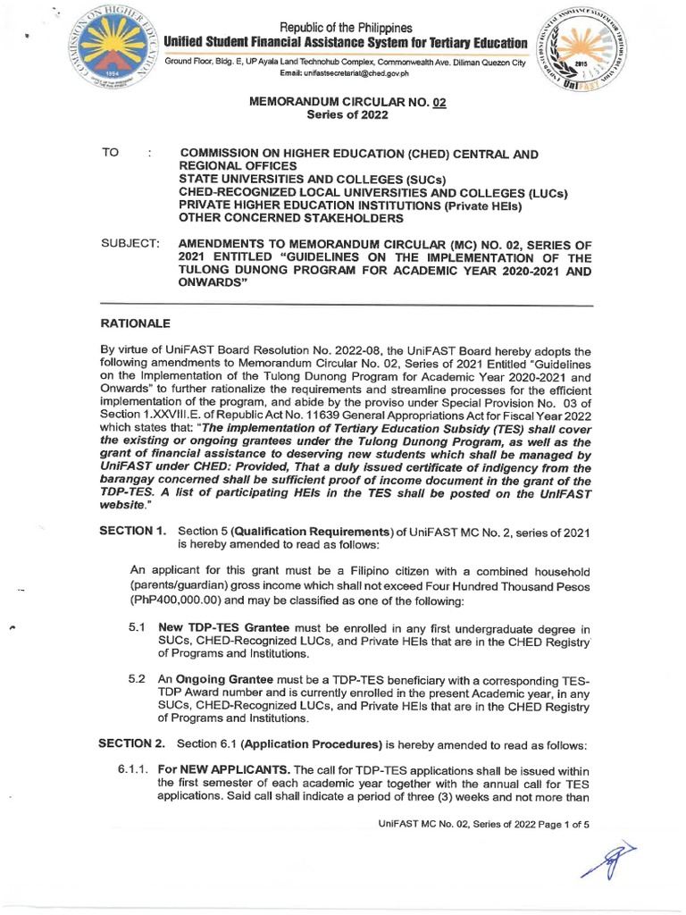 UniFAST MC022022 | PDF
