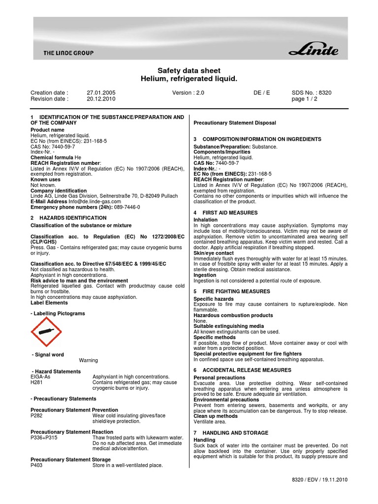 Helium SDS Liquefied Gas EU Format Linde HiQ Jan 2011 - tcm899-92359 | PDF