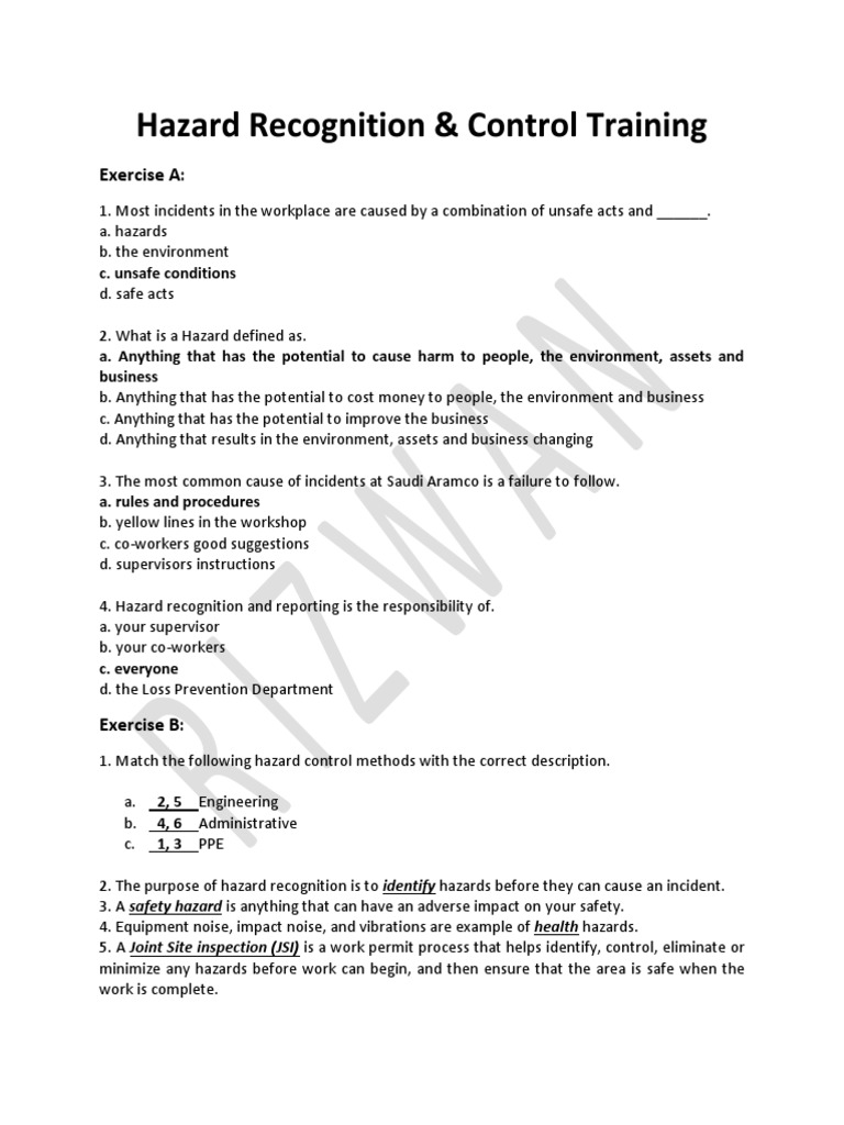 Hazard Recognition & Control Training: Exercise A | PDF | Personal ...