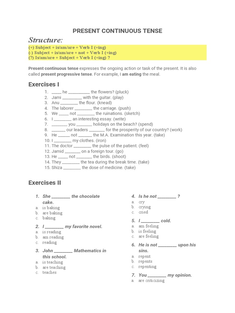 Present Continuous Tense Exercises | PDF | Linguistics