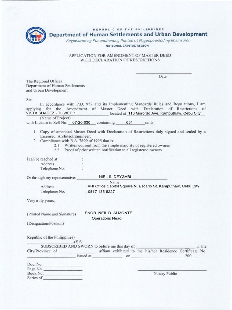 Application For Amendment of Master Deed With Declaration of ...