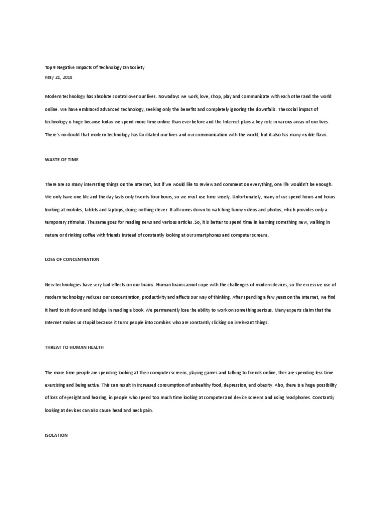 Top 9 Negative Impacts of Technology On Society | PDF | Essays | Internet