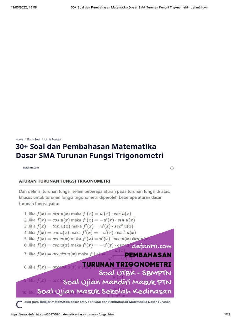 30+ Soal Dan Pembahasan Matematika Dasar SMA Turunan Fungsi Trigonometri | PDF