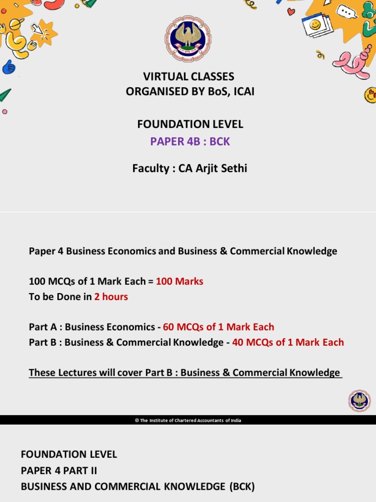 Virtual Classes Organised by Bos, Icai Foundation Level: Paper 4B: BCK | PDF | Law | Limited ...