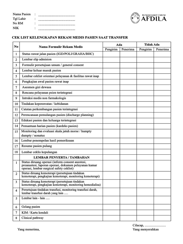 Cek List Rekam Medis Pasien Transfer | PDF