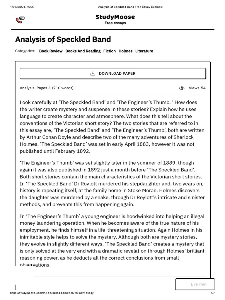 Analysis of Speckled Band Free Essay Example | PDF | Essays | Sherlock ...