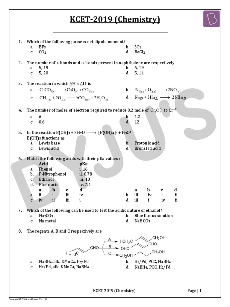 KCET 2019 Chemistry Question Answerkey Solutions | PDF | Chemical ...