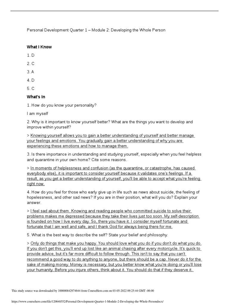 Personal Development Quarter 1 Module 2 Developing The Whole Person ...