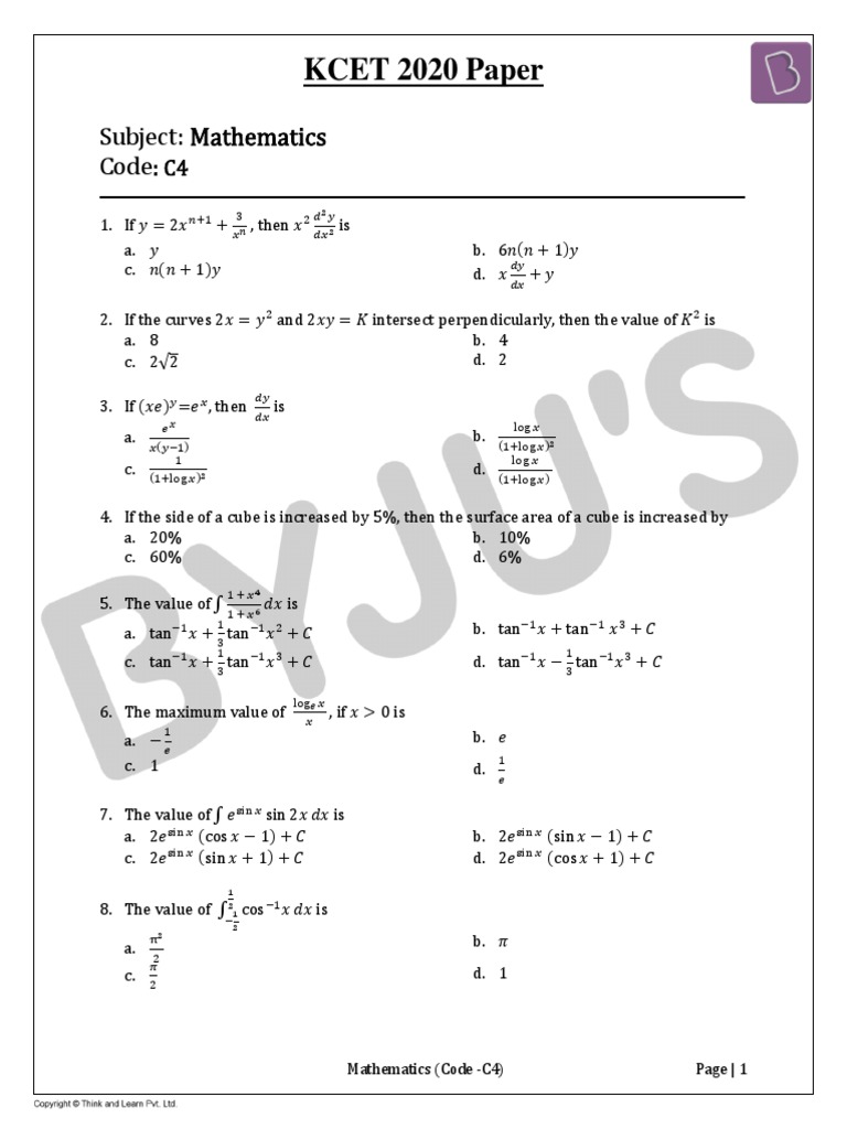 KCET 2020 Mathematics Question Paper | PDF | Mathematical Analysis ...