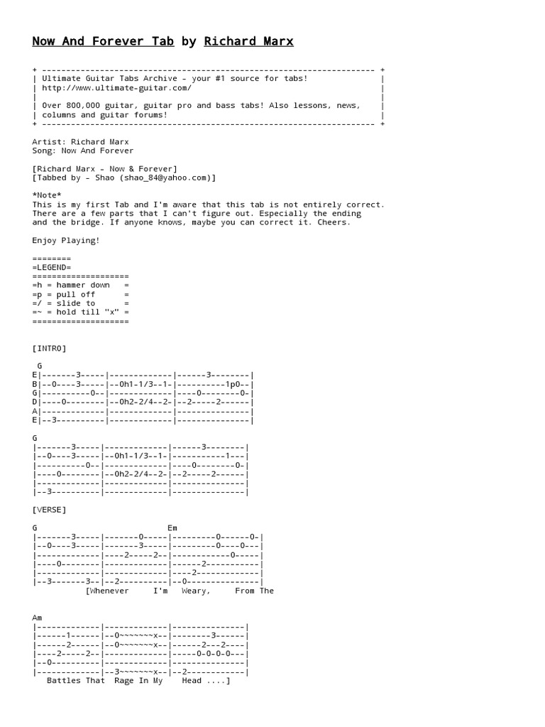 Now and Forever Tab by Richard Marx Tabs | PDF | Musical Forms