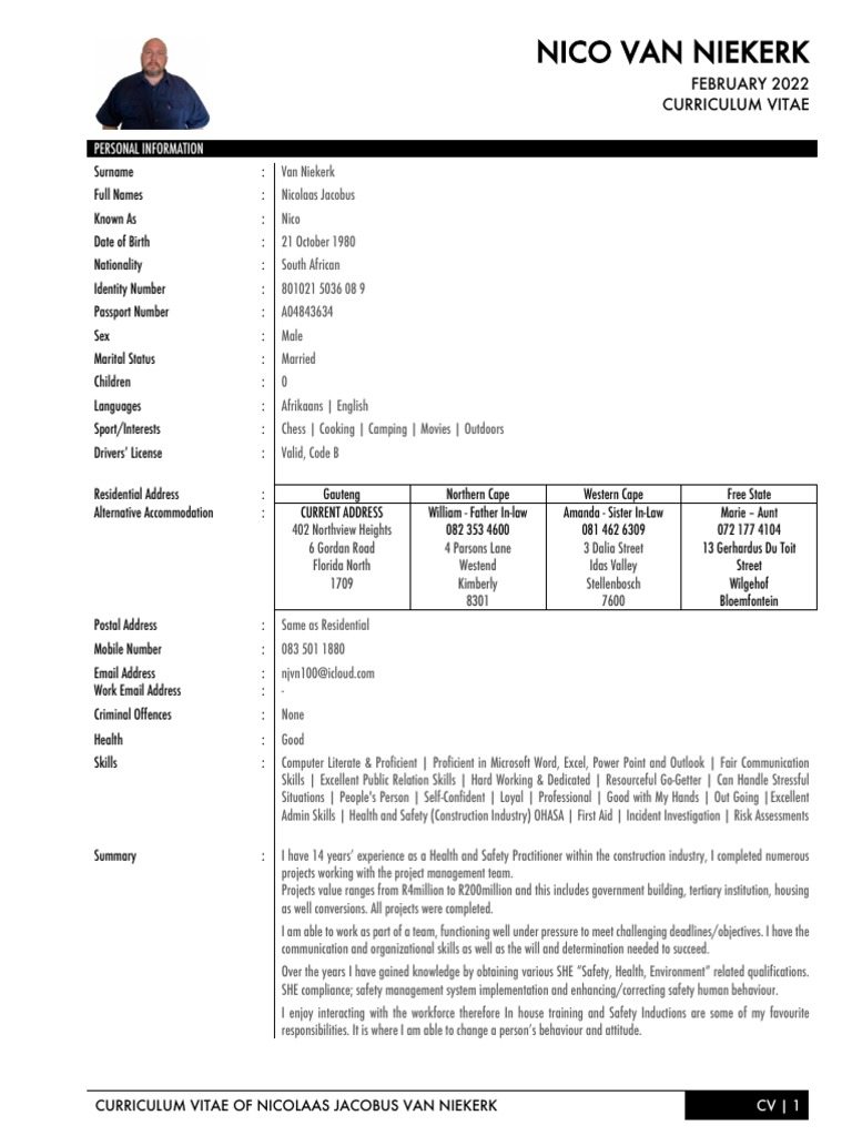 Nico Van Niekerk: Personal Information | PDF | Occupational Safety And ...
