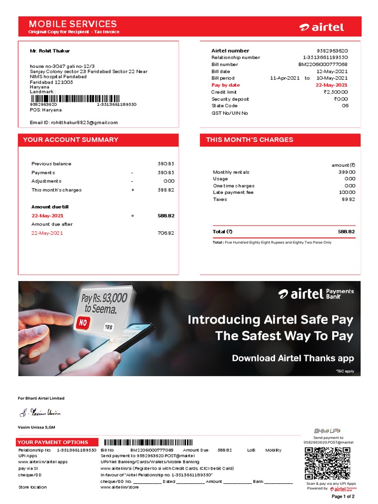 Mobile Services: Your Account Summary This Month'S Charges | Download ...