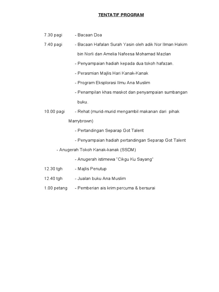 Tentatif Program Sambutan Hari Kanak-Kanak | PDF Tentatif Program Sambutan Hari Kanak-Kanak | PDF