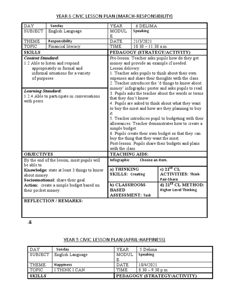 Year 6 Civic Lesson Plan (March-Responsibility) : Content Standard ...