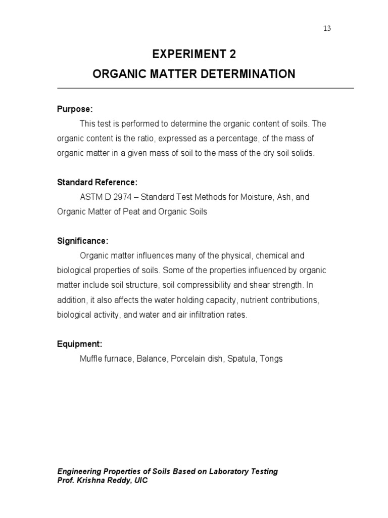 Experiment 2 Organic Matter Determination: Purpose | PDF | Soil ...