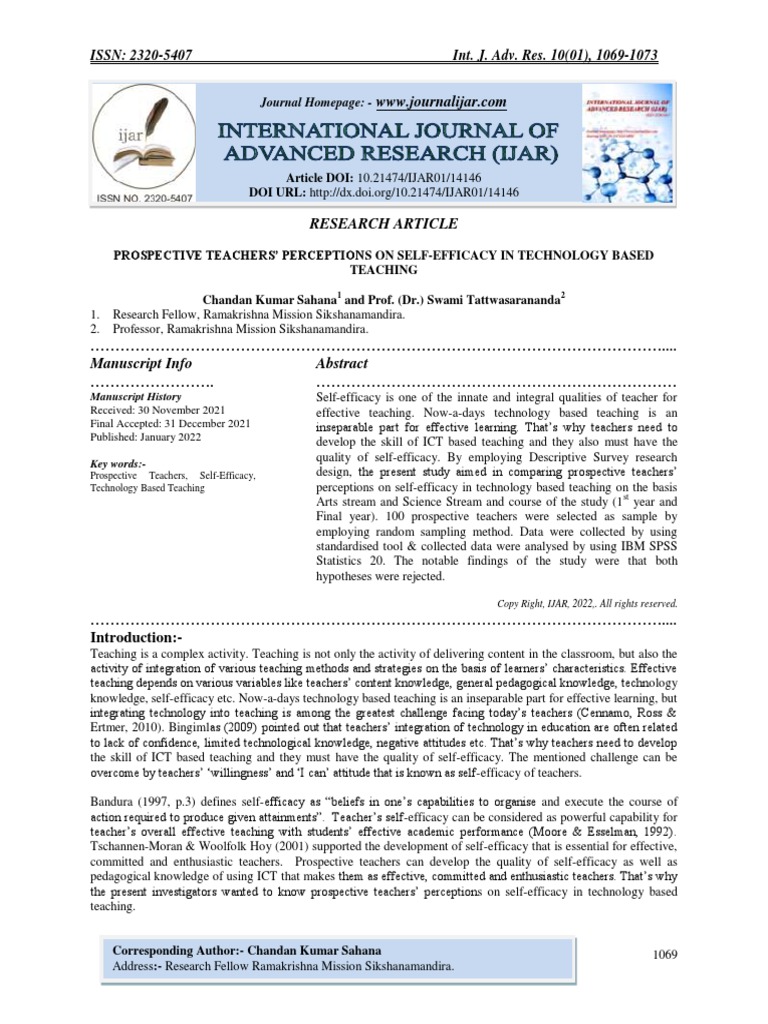 Prospective Teachers' Perceptions On Self-Efficacy in Technology Based ...
