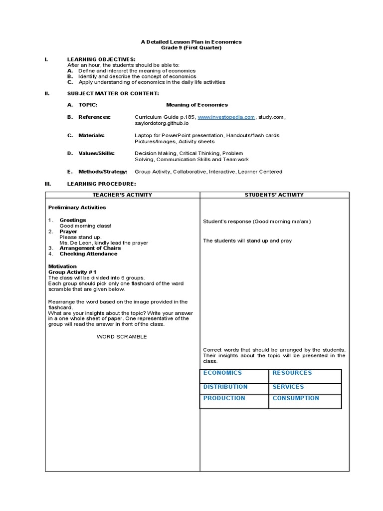 DETAILED LESSON PLAN IN ECONOMICS For Grade 9 | PDF | Economics | Economies