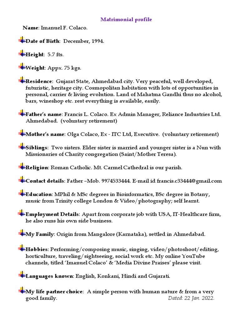 Matrimonial Profile No Img 2022 | PDF