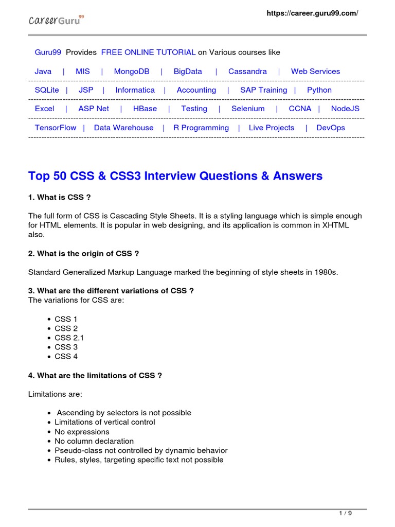Top 50 Css And Css3 Interview Questions And Answers Pdf Html Element Html 