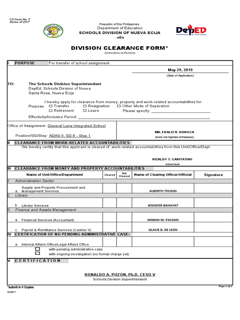 Division Clearance Form : Schools Division of Nueva Ecija | PDF ...