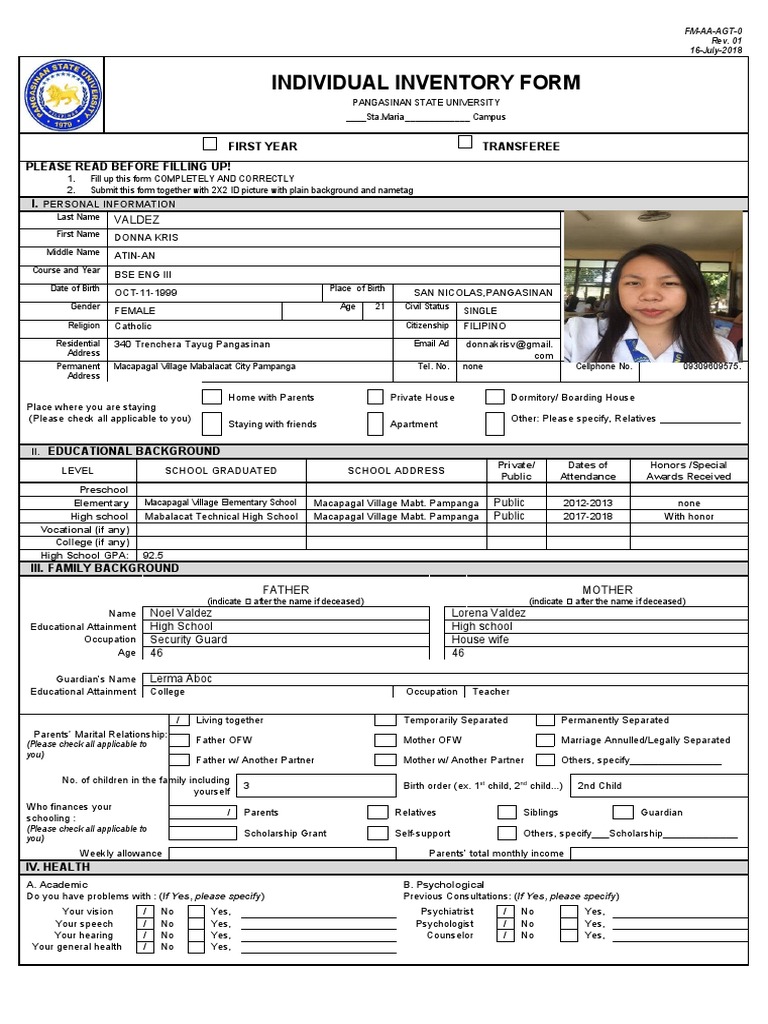 07 Individual Inventory Form Donna Valdez | PDF