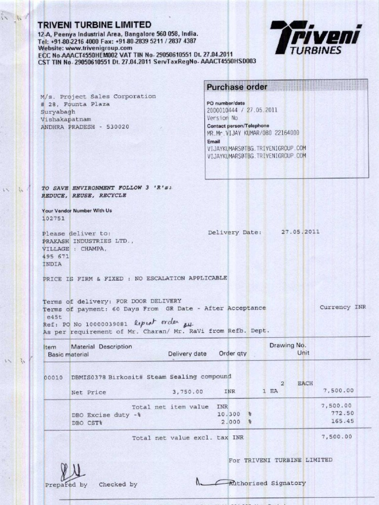 Triveni Turbines PO For Birkosit Sealing Compound | PDF