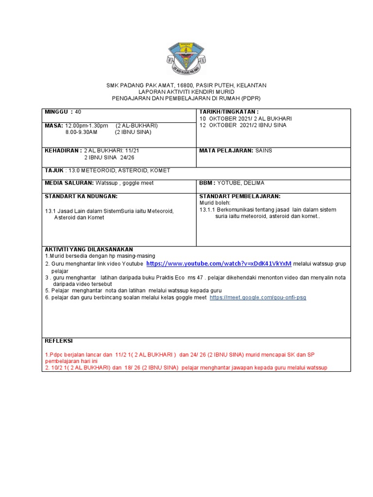 RPH MINGGU 40 Tahun 2021 | PDF | Sains & Matematika