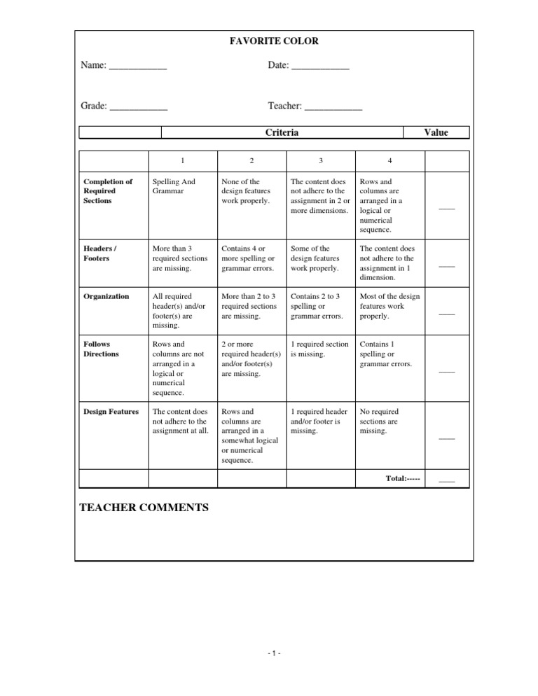 EXCEL Favorite Color Rubric | PDF | Rubric (Academic) | Teaching ...