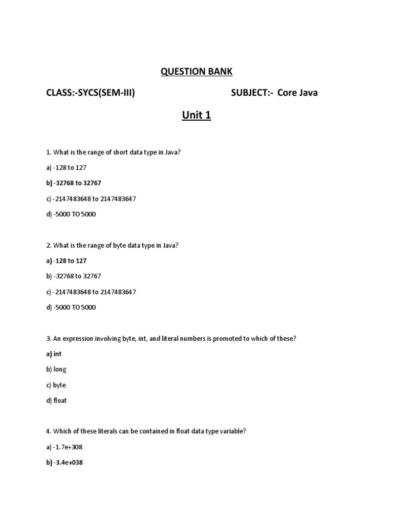 Unit 1: Question Bank Class:-Sycs (Sem-Iii) SUBJECT:-Core Java | PDF | Class (Computer ...