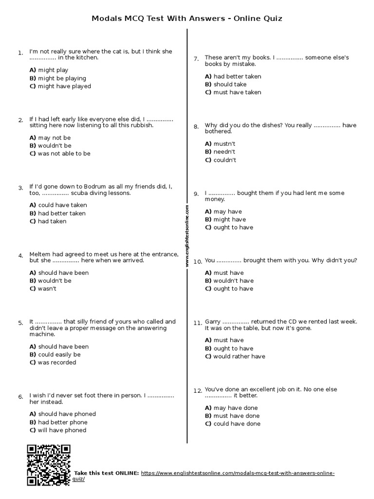 550 Modals MCQ Test With Answers Online Quiz | PDF