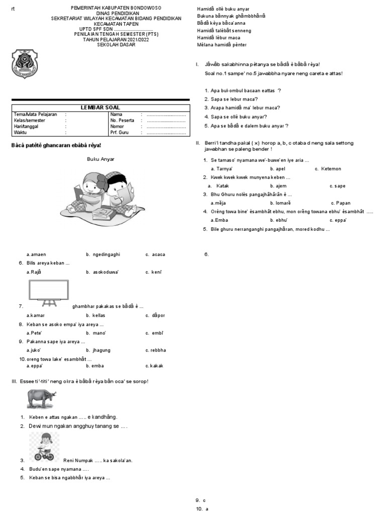 Bhs. Madura PTS KLS 1 | PDF