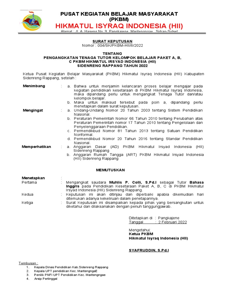 SK Tutor PKBM Hii | PDF