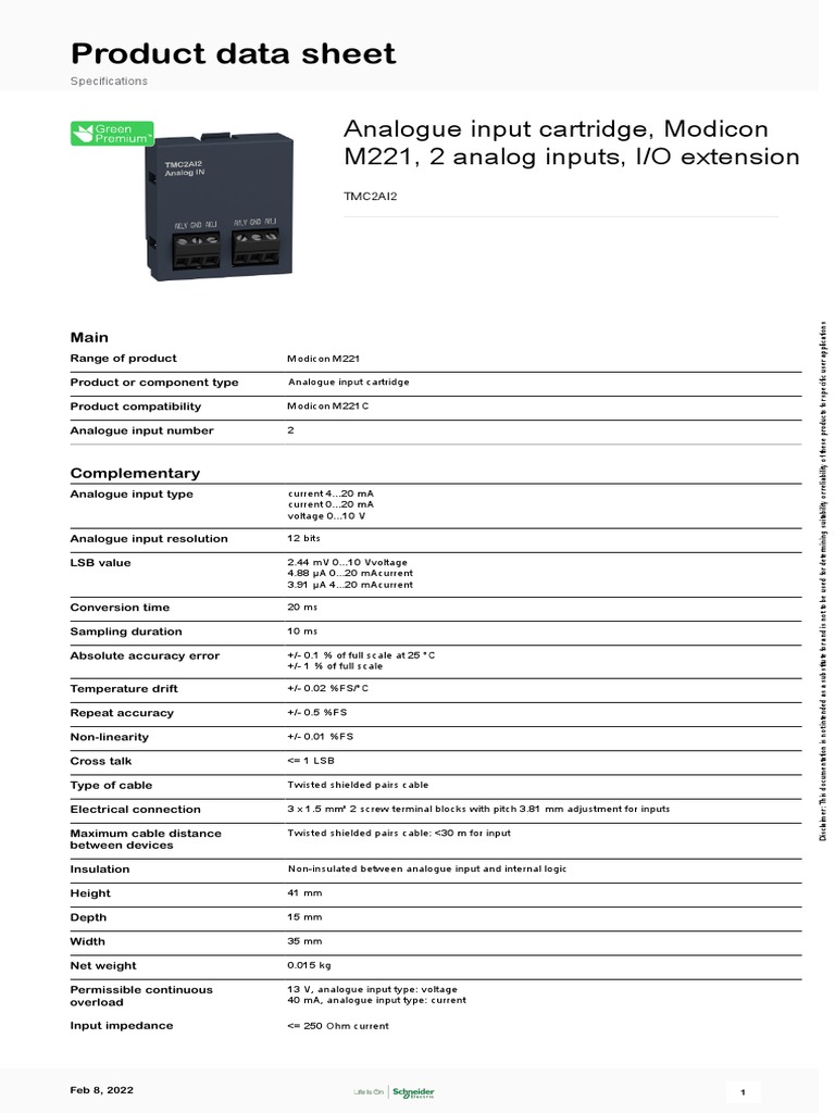 Product Data Sheet for the Modicon M221 2 Analog Input I/O Extension Cartridge TMC2AI2 | PDF ...