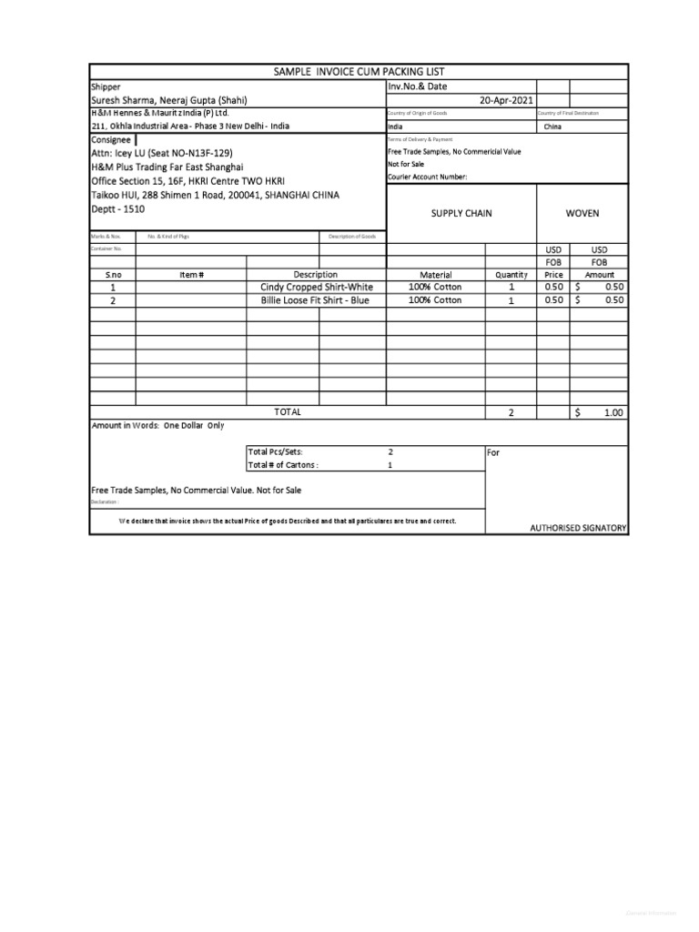 Sample Invoice Cum Packing List | PDF | Business | Economies