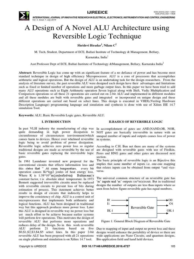 A Design of A Novel ALU Architecture Using Reversible Logic Technique ...