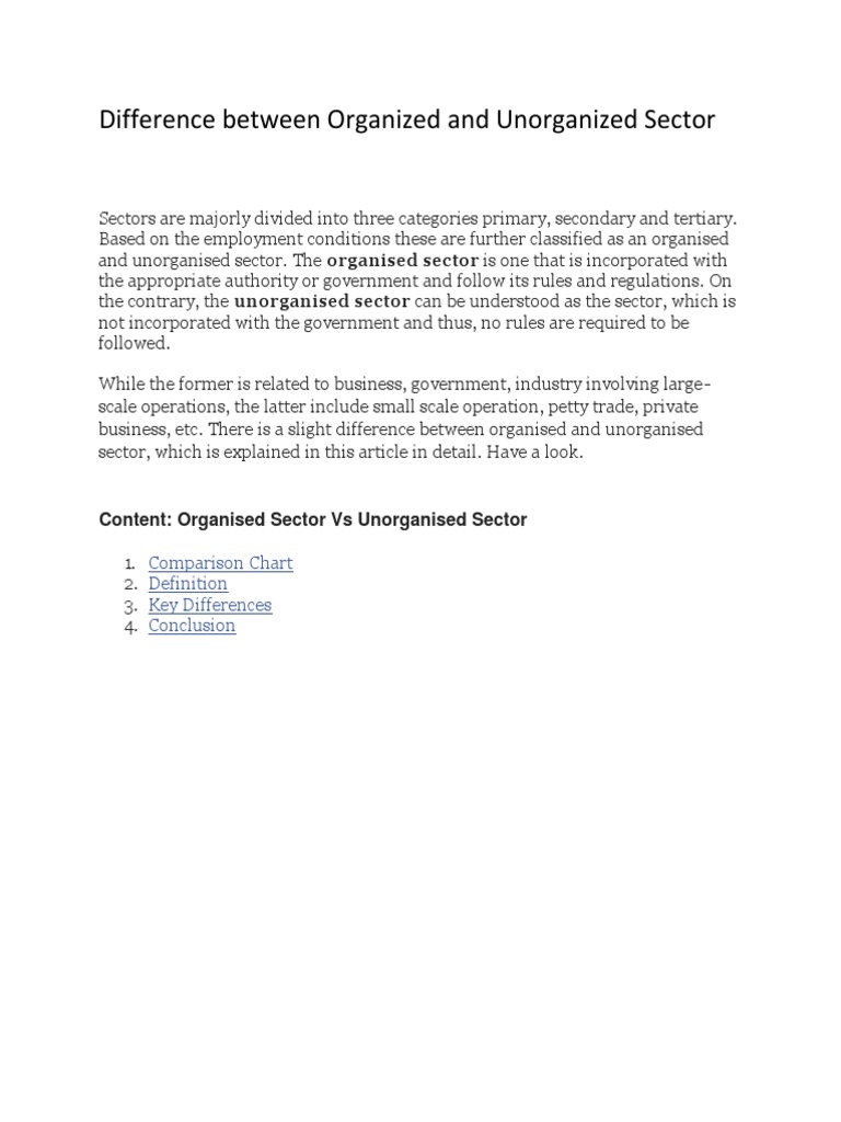 Key Differences Between Organized and Unorganized Sectors of Employment ...