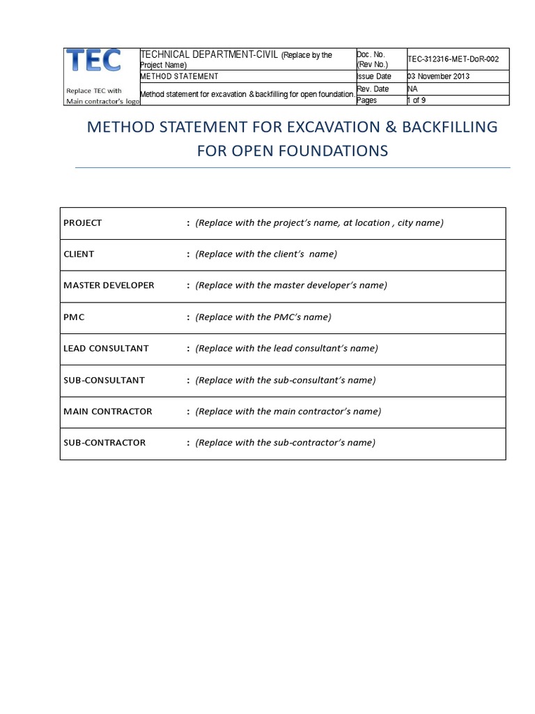 TEC-312316 - MET-DoR-002 (Method Statement For Excavation & Backfilling For Open Footing) (K ...