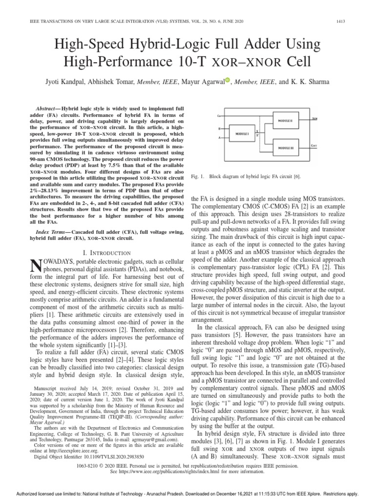 High-Speed Hybrid-Logic Full Adder Using High-Performance 10-T - Cell ...