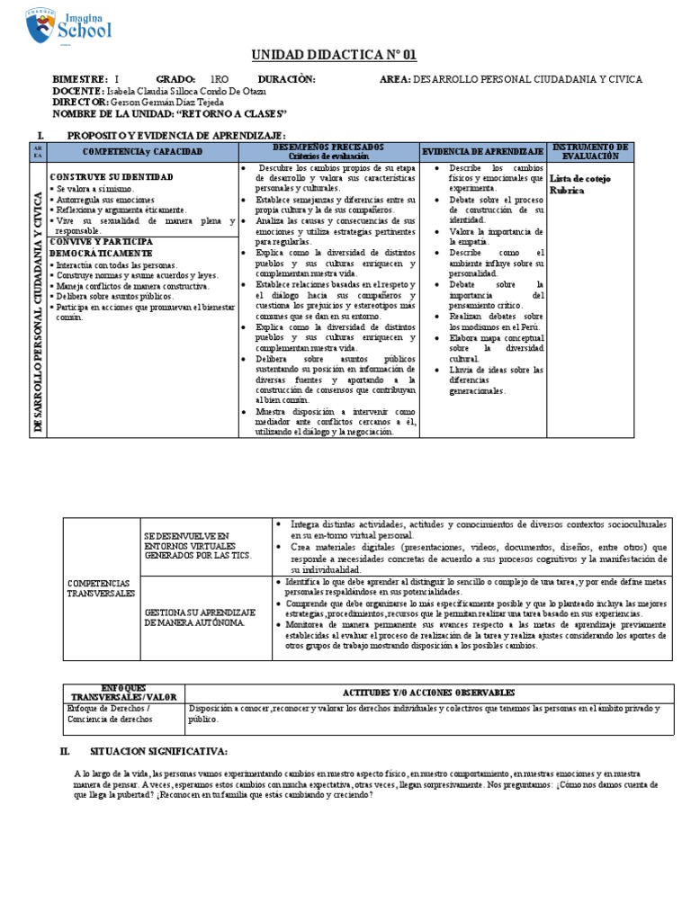 Unidad de Aprendizaje N°01 - DPCC 1ro | Descargar gratis PDF | Aprendizaje | Evaluación
