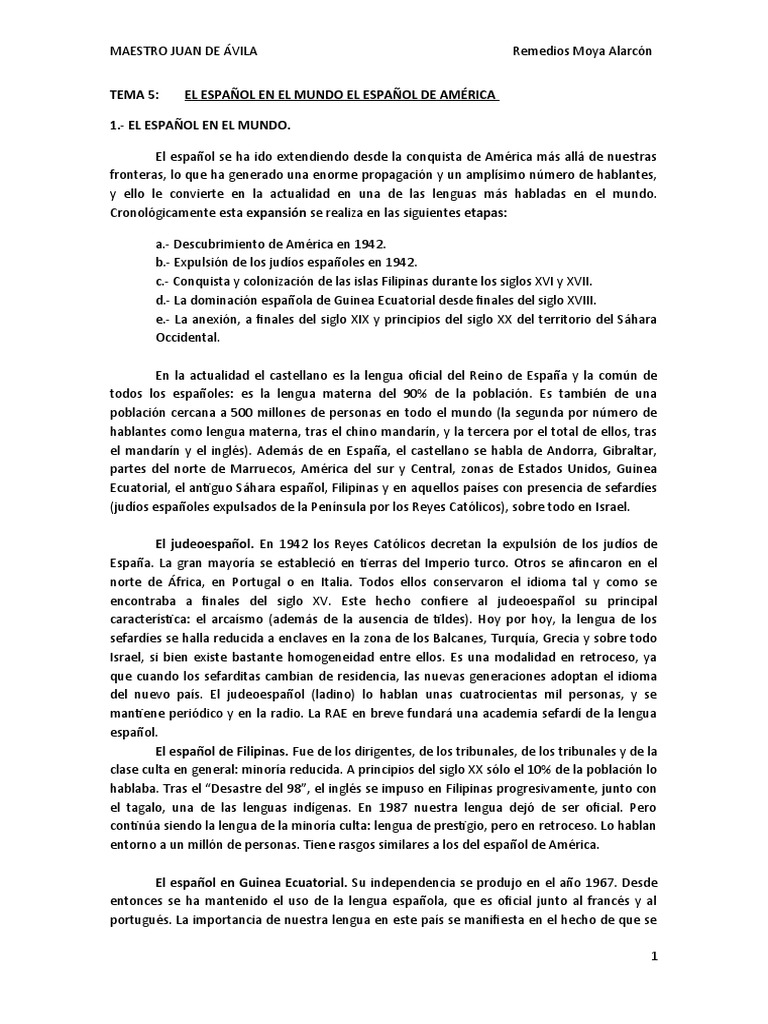 Tema 5 El Español en El Mundo. El Español de América | PDF | Lengua ...