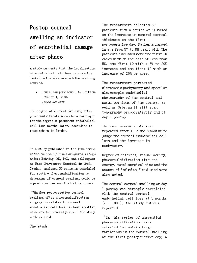 Postop corneal swelling an indicator of endothelial damage after phaco ...
