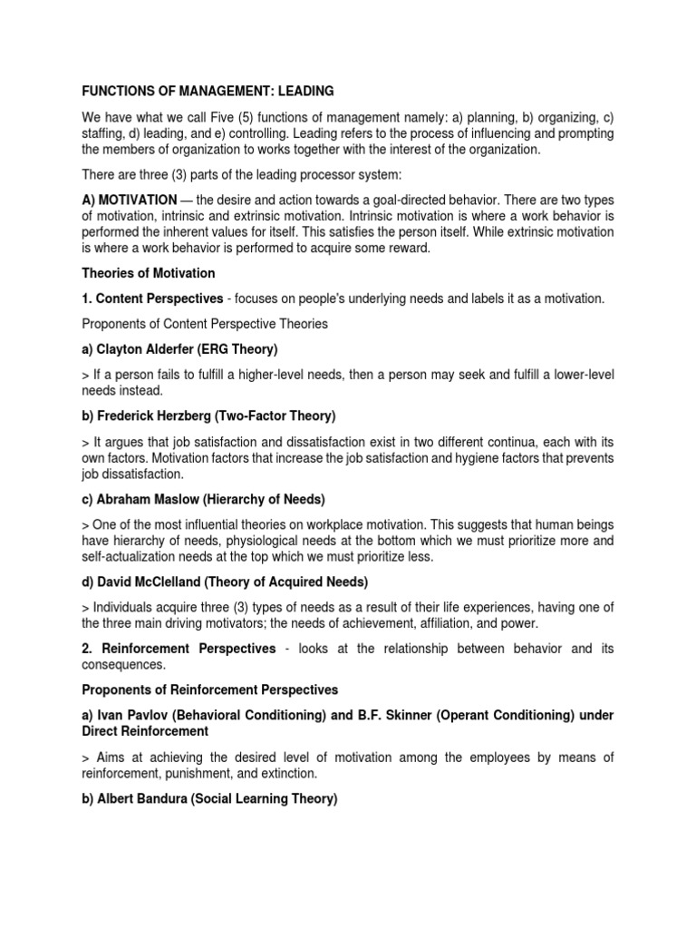 FUNCTIONS OF MANAGEMENT (Leading) | PDF | Motivation | Motivational