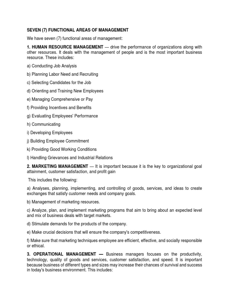 Seven (7) Functional Areas of Management | PDF | Marketing | Employment