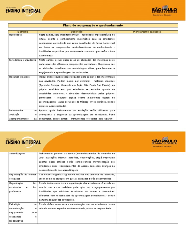 Plano De Recuperação E Aprofundamento Modelo Pdf