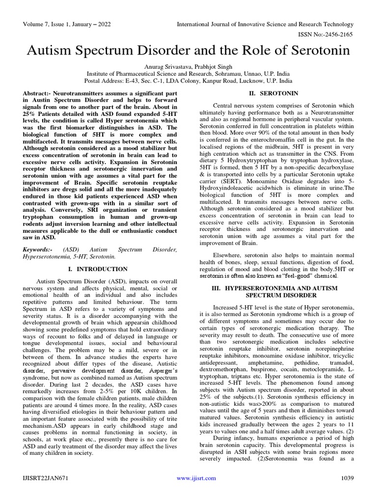 Autism Spectrum Disorder and The Role of Serotonin | PDF | Serotonin ...