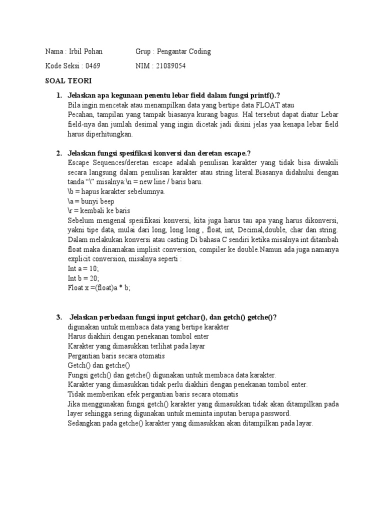 Tugas Pengantar Coding (IRBIL POHAN) | PDF